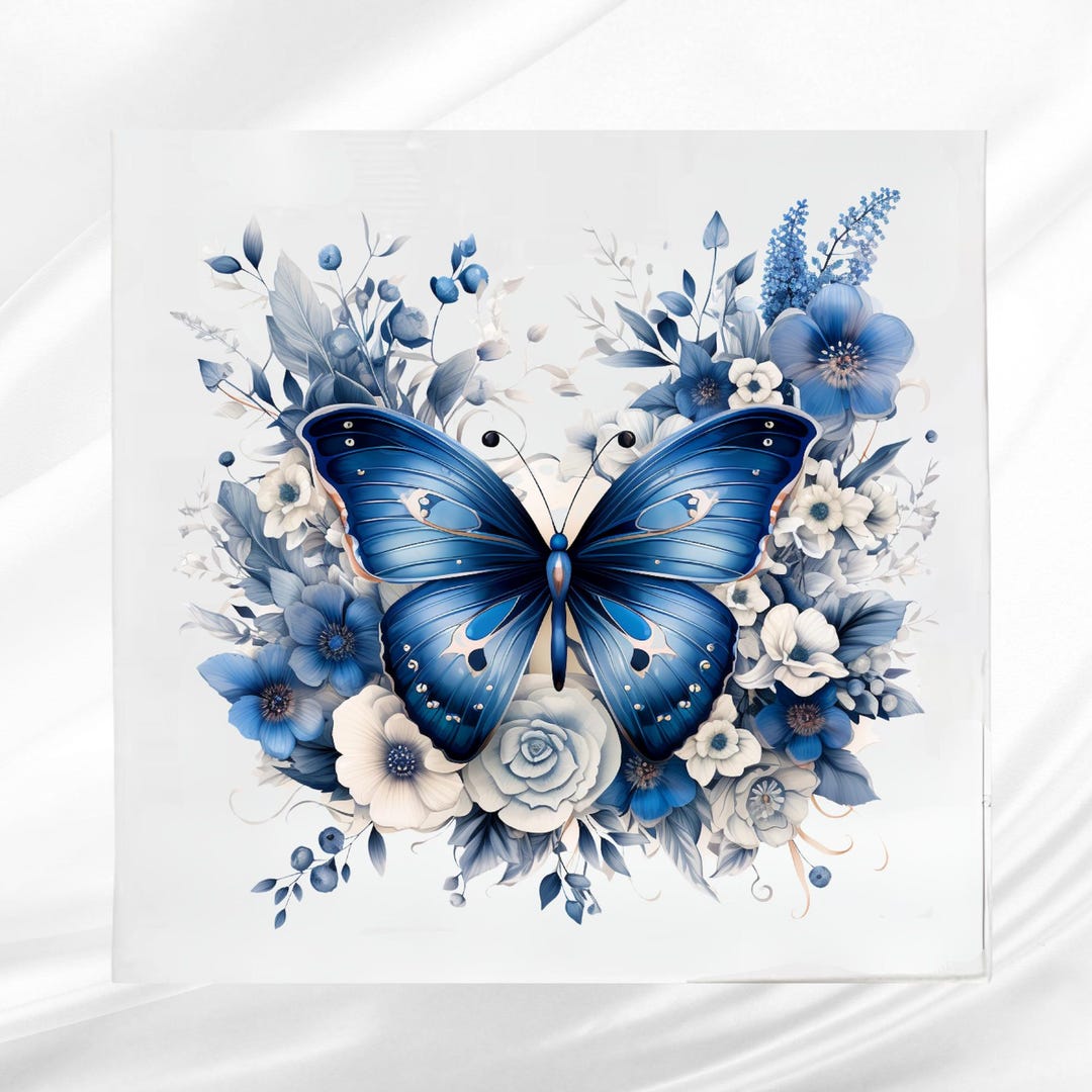 Blue Floral Butterfly Fabric Panel: Sewing & Quilting Block - Etsy