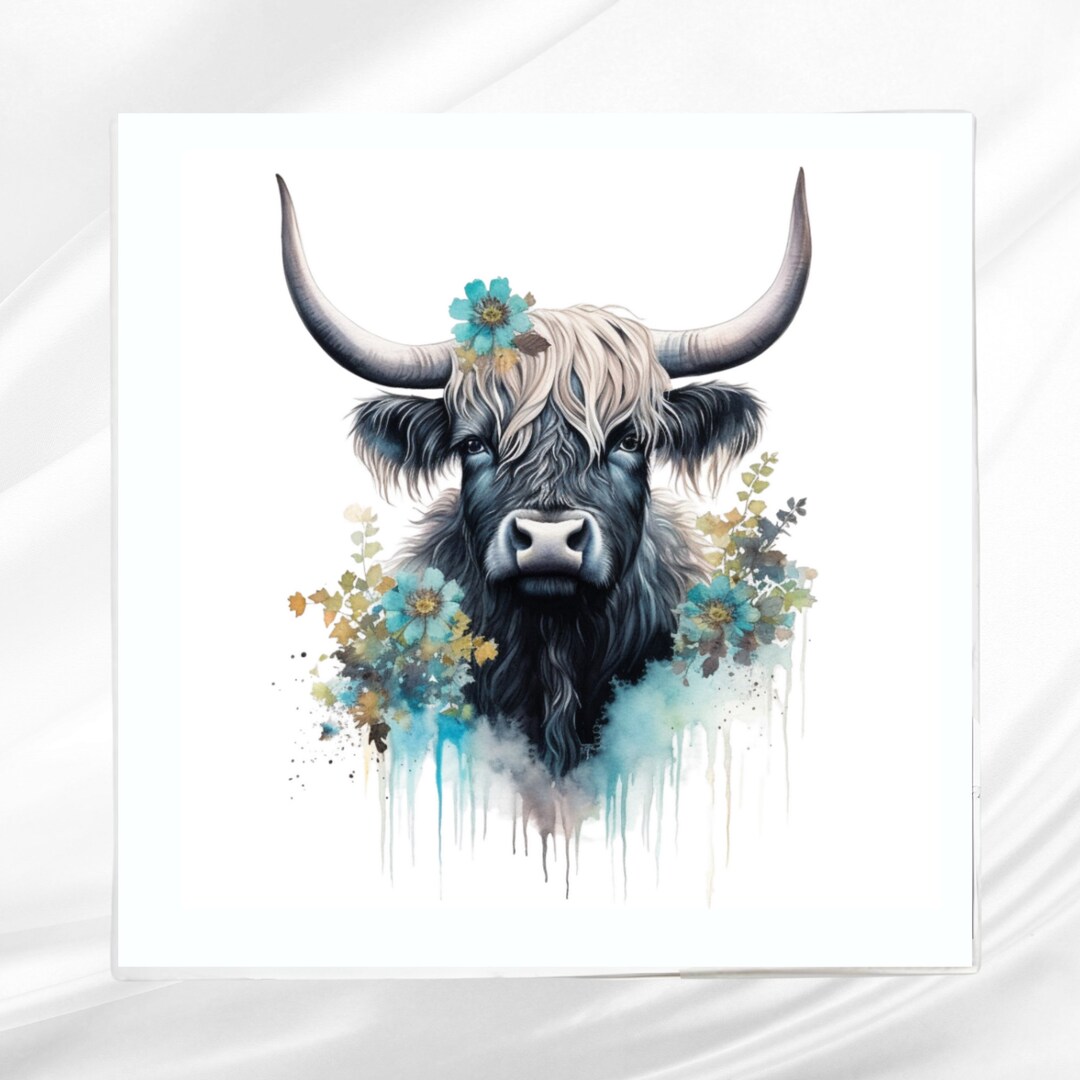 Blue Floral Highland Cow Fabric Quilt Panel - Etsy