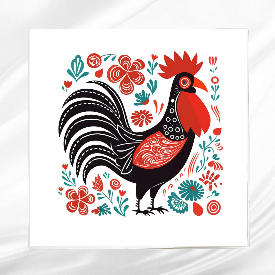 Folk Art Rooster Fabric Panel Rooster Quilt Block Square Fabric Panel ...