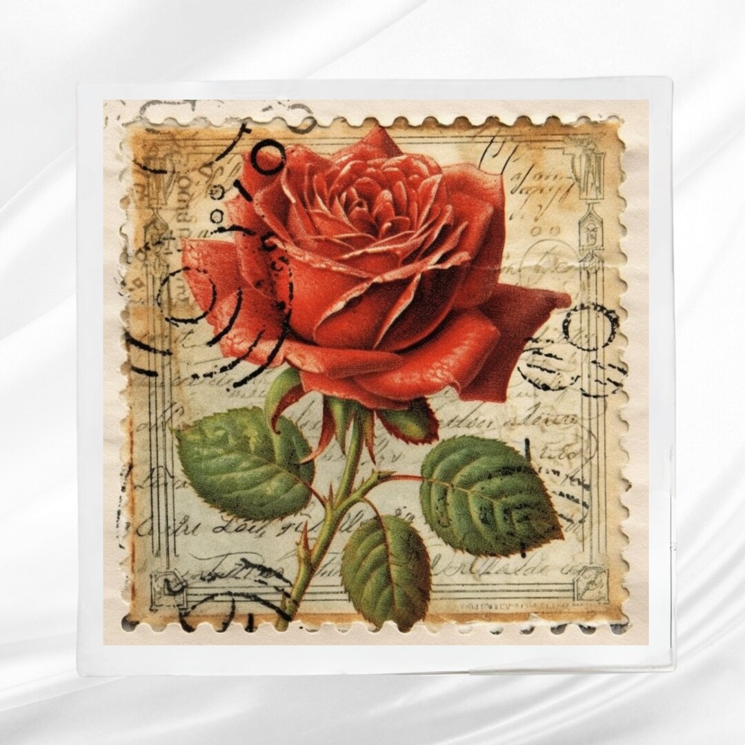 Red Rose Stamp Fabric Panel ~ Quilt Block ~ Square Fabric Panel for ...
