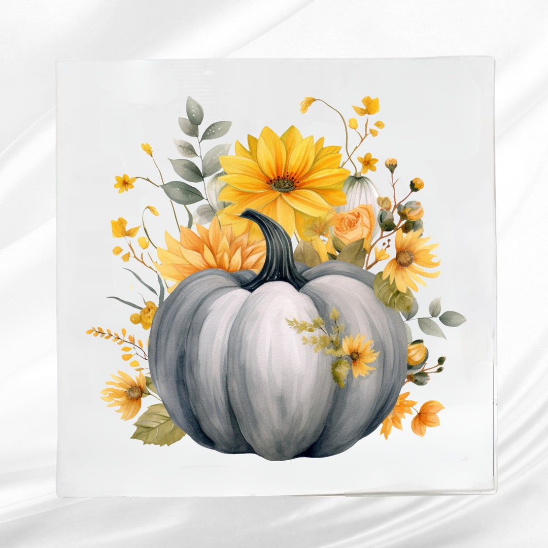 Gray Pumpkin Fabric Panel: Fall Floral Quilt Block - Etsy