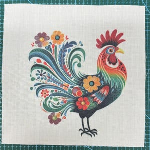 Folk Art Rooster Fabric Panel Rooster Quilt Panel Square Fabric Panel ...