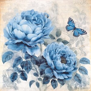 Blue Decoupage Style Fabric Panel Quilt Block Square Fabric Panel for ...