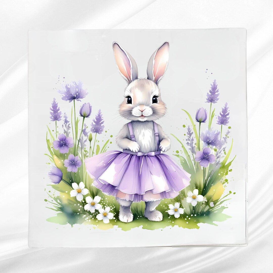 Easter Bunny in Purple Dress Fabric Panel Easter Crafting Fabric Square ...