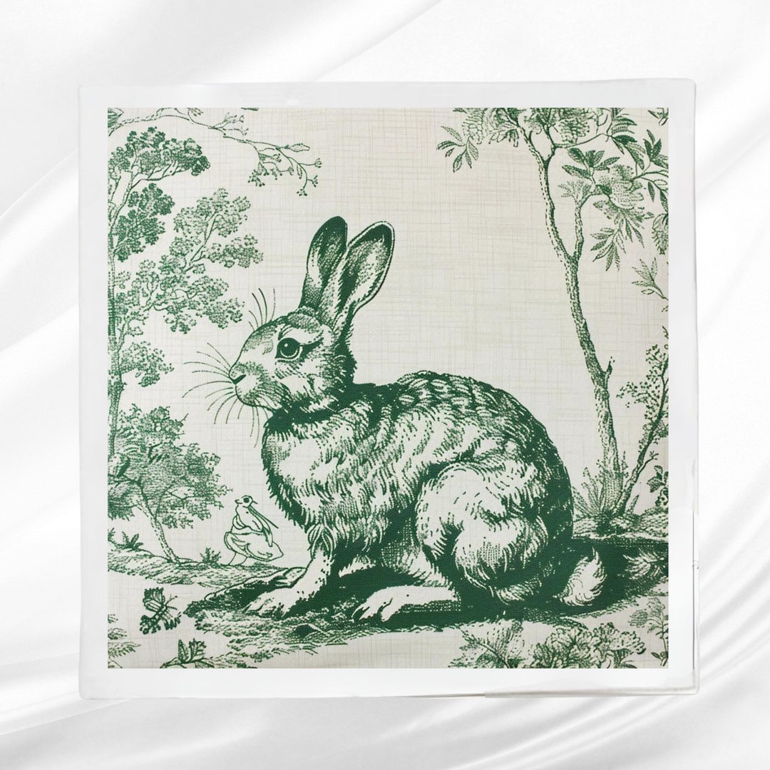 Green Toile Rabbit Fabric Panel Easter Toile Rabbit Quilt Block Square ...