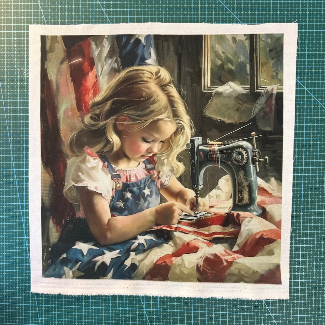 Girl Sewing American Flag Fabric Panel USA Flag Quilt Block Square ...
