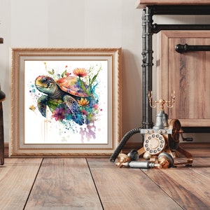 Floral Sea Turtle Fabric Panel Quilt Block Square Fabric Panel for ...