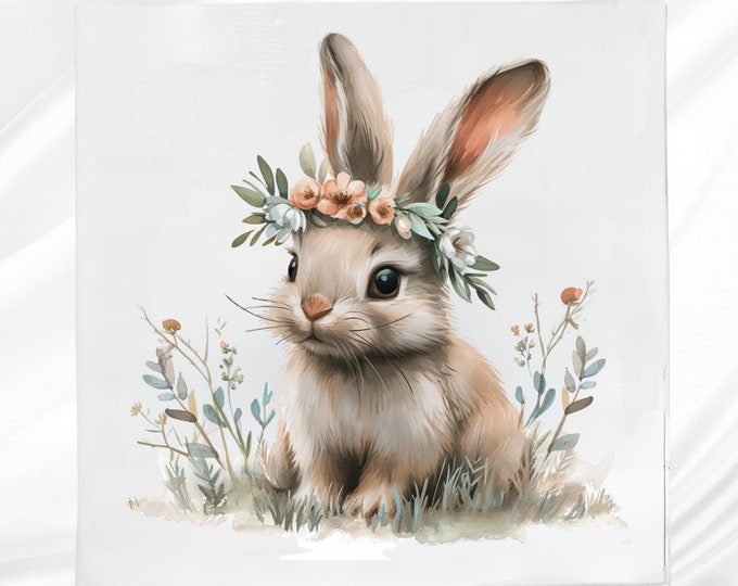 Floral Easter Bunny Fabric Panel ~ Easter Quilt Block ~ Square Fabric ...