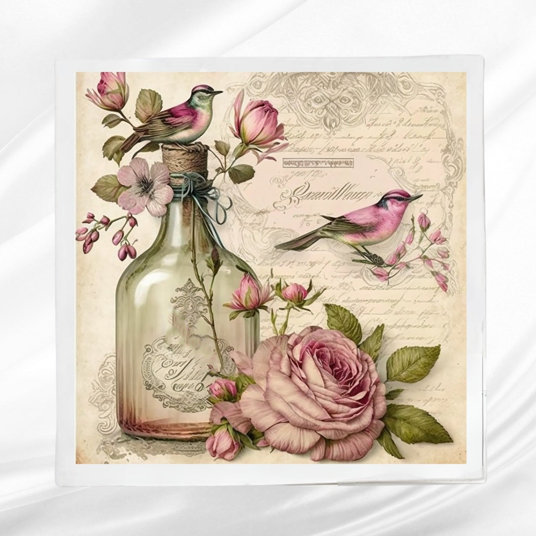 Decoupage Style Bird Fabric Panel ~ Quilt Block ~ Square Fabric Panel ...