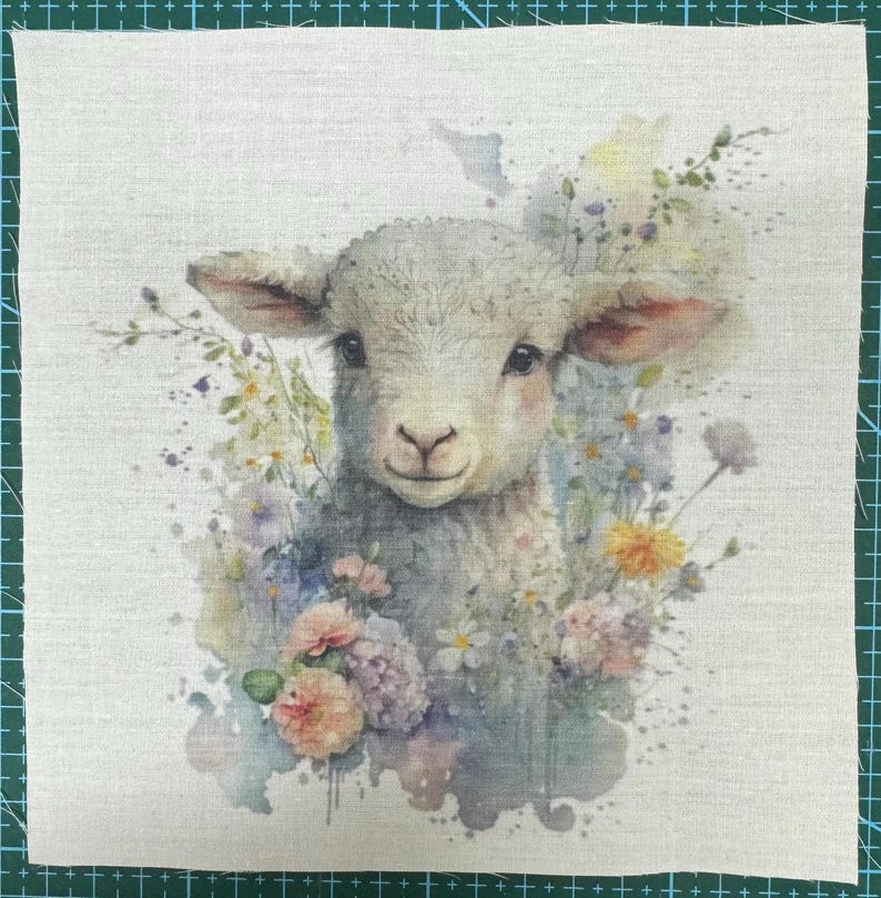 Lamb Fabric Panel: Watercolor Floral Quilt Block - Etsy
