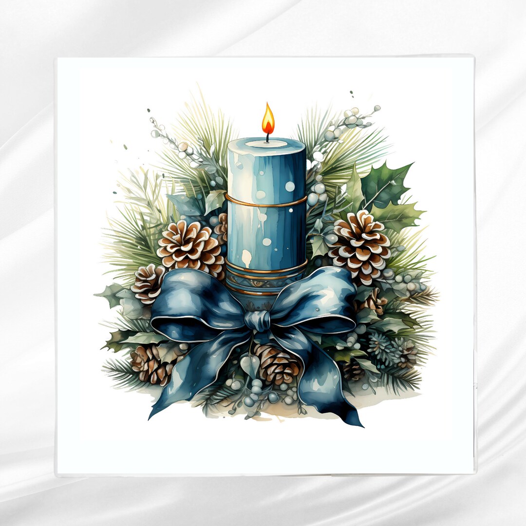 Blue Christmas Candle Fabric Panel ~ Quilt Block ~ Square Fabric Panel ...