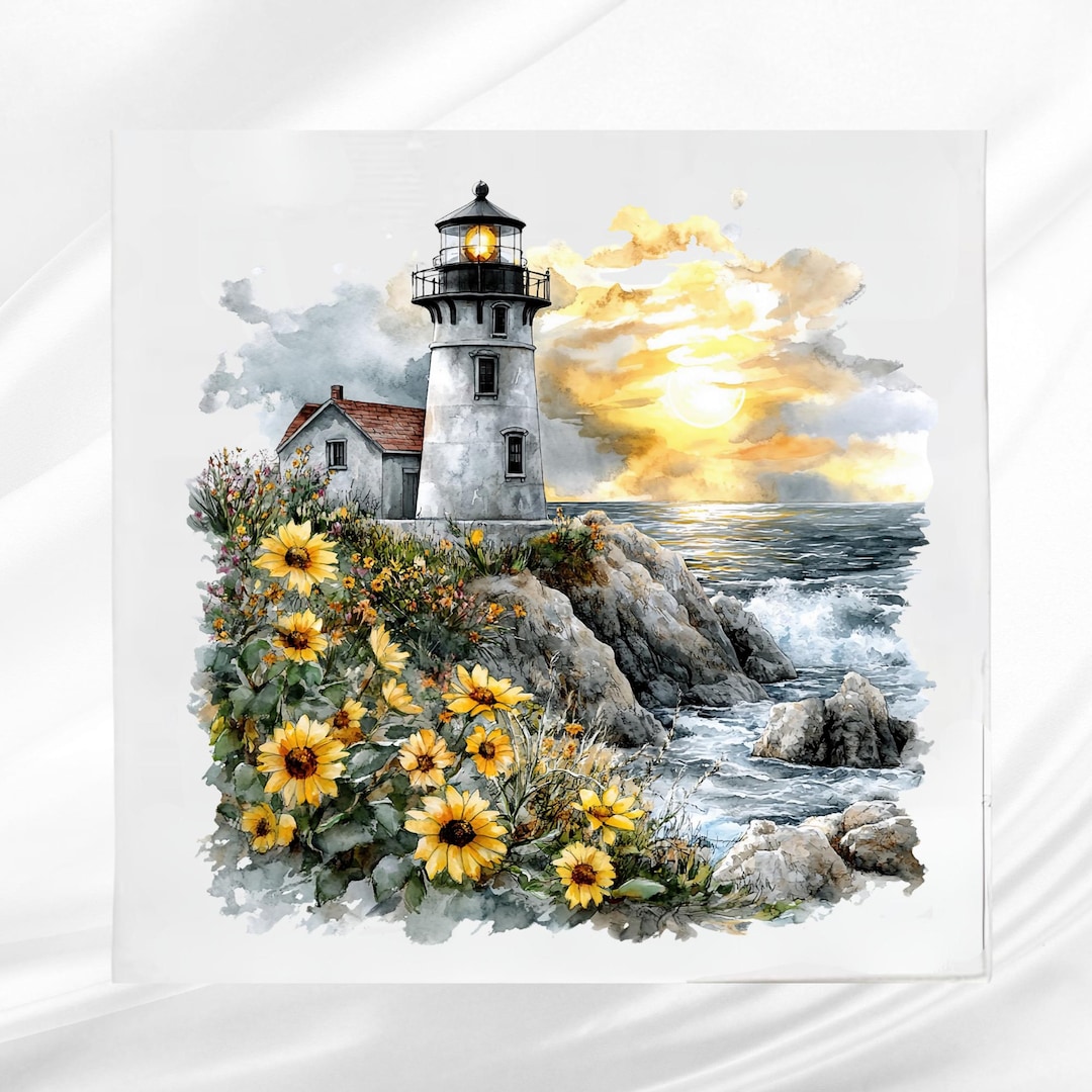 Yellow Floral Lighthouse Quilt Block: Coastal Lighthouse Fabric Panel ...