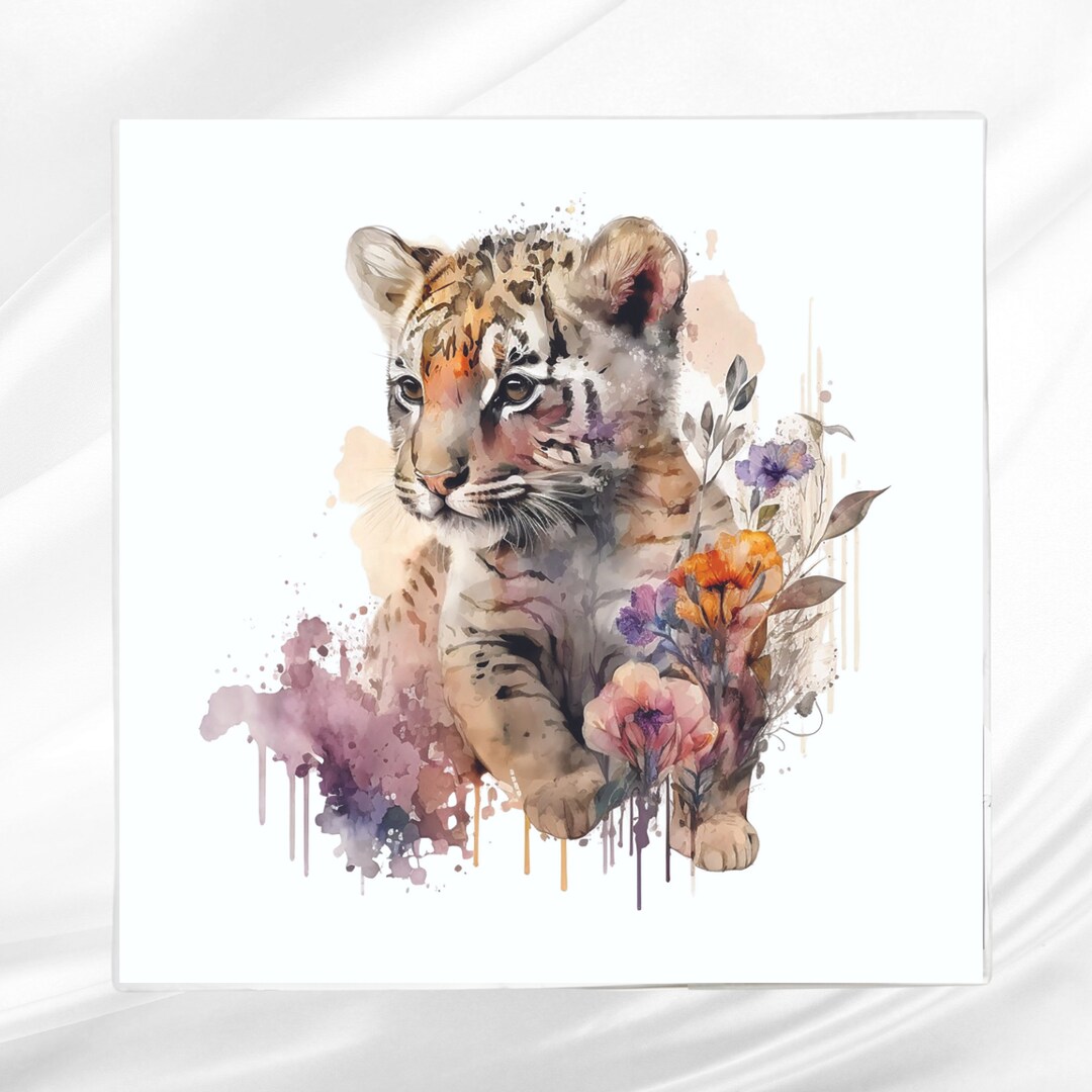 Watercolor Tiger Fabric Panel ~ Safari Quilt Panel ~ Square Fabric ...