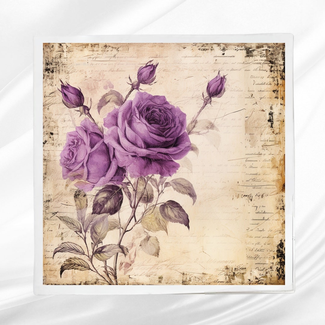 Purple Rose Fabric Panel ~ Rose Quilt Block ~ Square Fabric Panel for ...