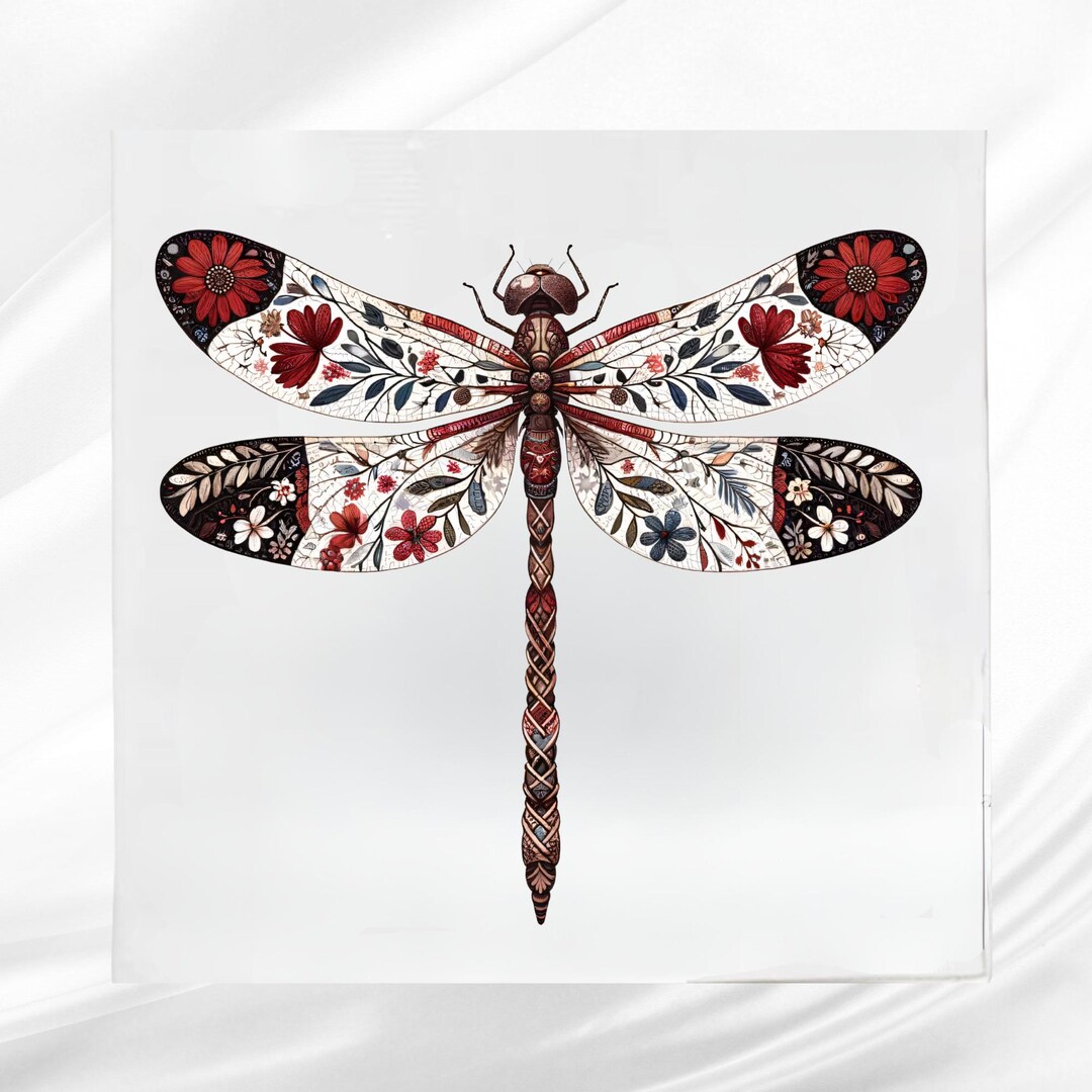 Red Floral Dragonfly Fabric Panel: Sewing & Quilting Square - Etsy