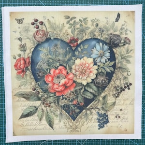 Floral Heart Fabric Panel: Cotton Blend Quilt Block - Etsy