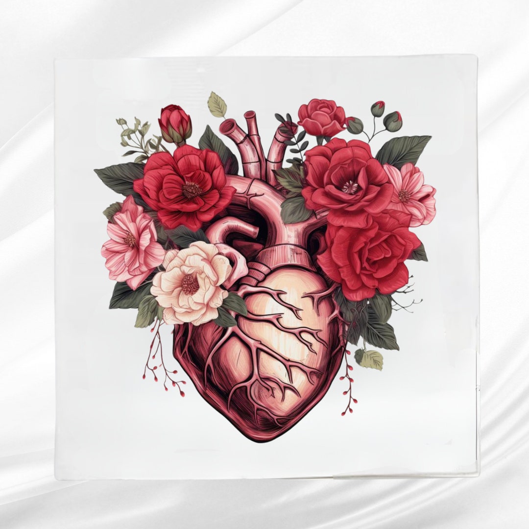 Anatomical Floral Heart Fabric Panel ~ Crafting Fabric ~ Square Fabric ...