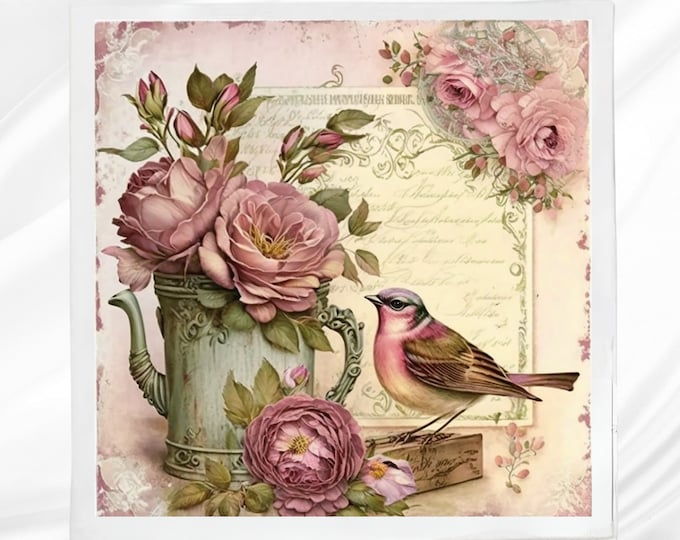Decoupage Style Bird Fabric Panel Quilt Block Square Fabric Panel for ...