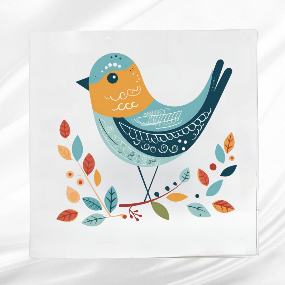 Folk Art Bird Fabric Panel ~ Bird Crafting Fabric ~ Square Fabric Panel ...