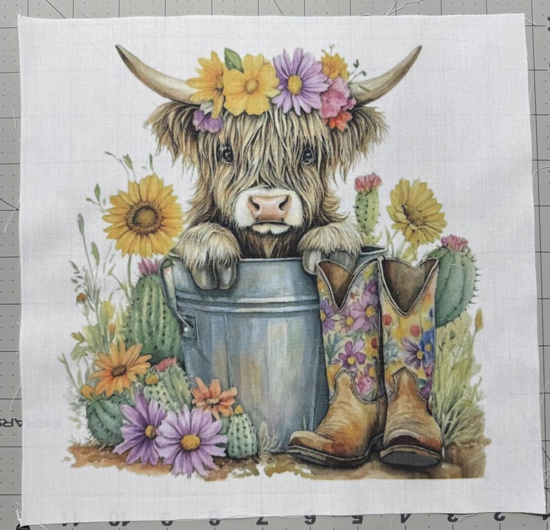 Western Highland Cow Fabric Panel: Floral Calf Quilt Block - Etsy