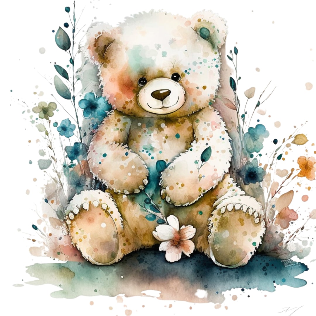 Teddy Bear Blue Floral Fabric Panel 5 6 8 10 12 or 14 - Etsy