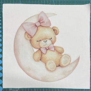 Pink Teddy Bear Sleeping on the Moon Fabric Panel ~ Nursery Room Quilt ...