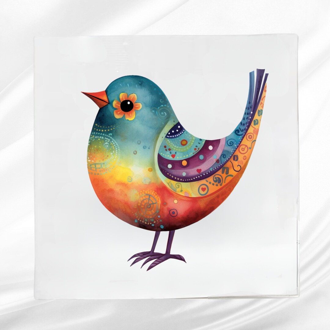 Folk Art Bird Fabric Panel ~ Colorful Bird Quilt Panel ~ Square Fabric ...