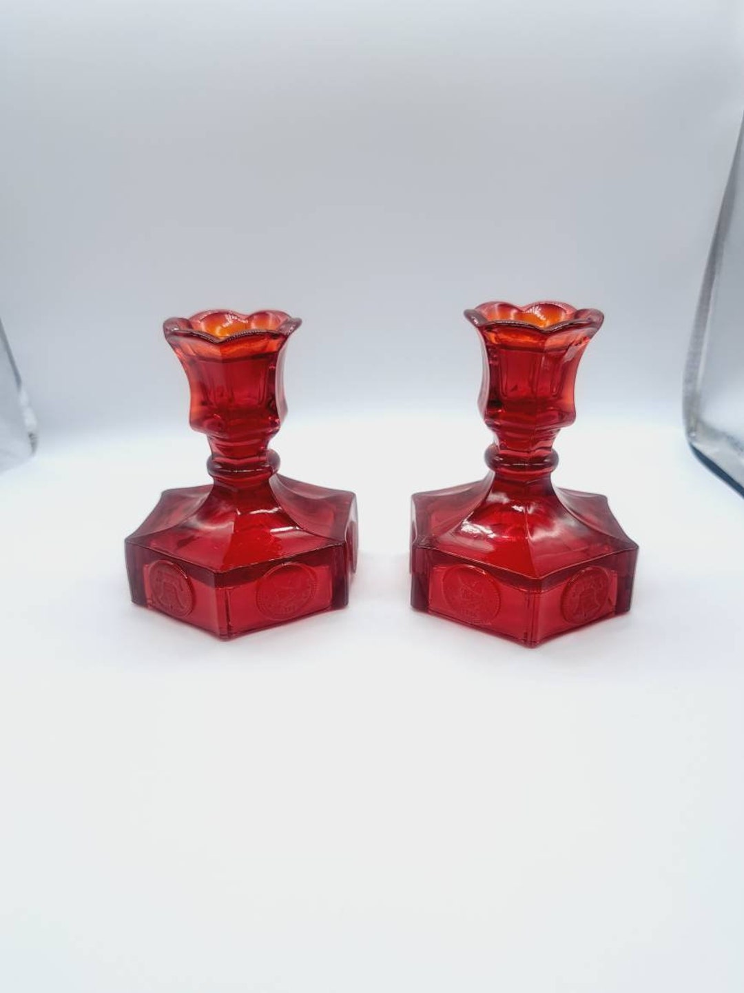 Vintage Fostoria Ruby Coin Candlesticks, Collectible Fostoria Red Pair ...