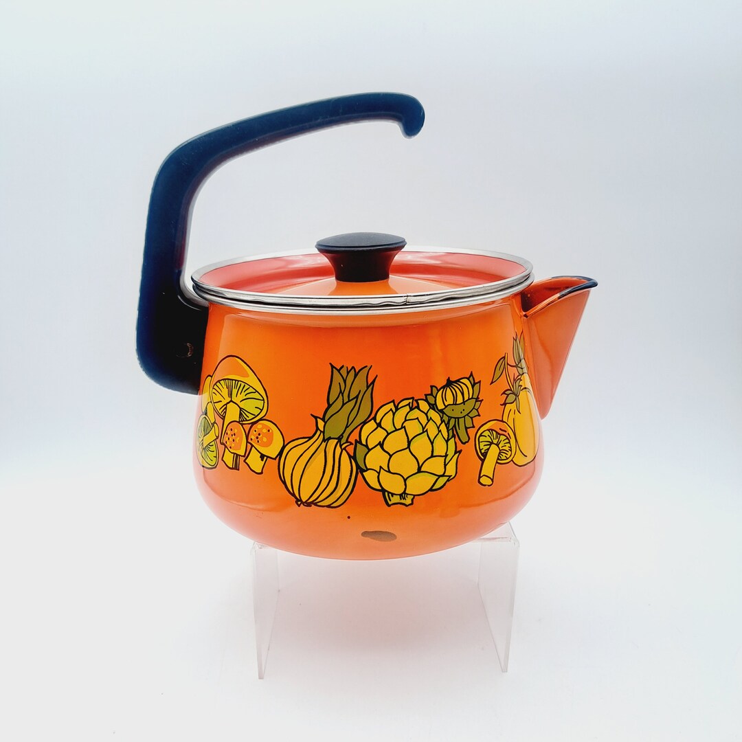 Vintage Orange Enamelware Mushroom Vegetable Tea Kettle, Seventies ...