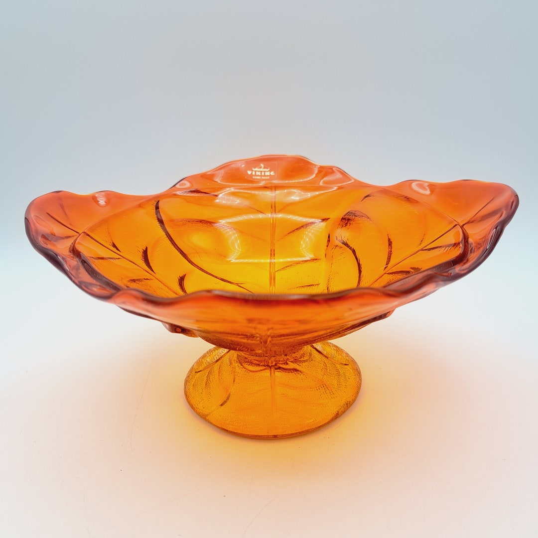Vintage Viking Glass Persimmon Epic Leaf Compote, Collectible Viking ...