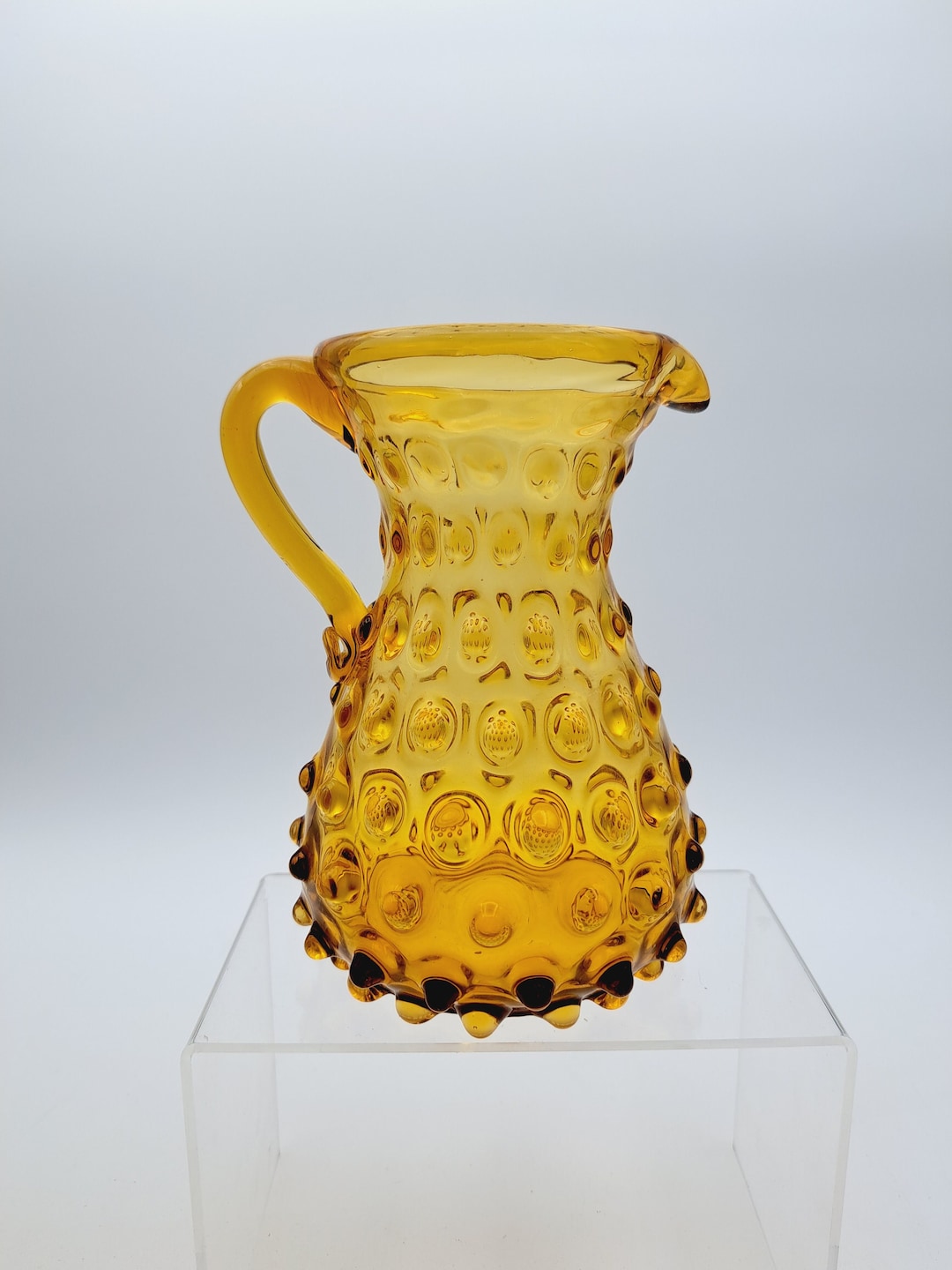 Vintage Empoli Glass Hobnail Small Pitcher in Amber, Mid Century Home ...