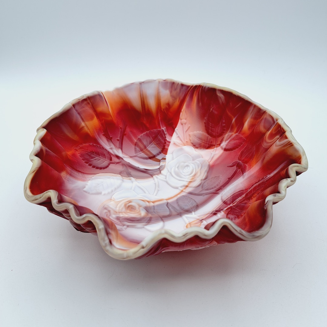 Vintage Imperial Glass Red Slag Rose Embossed Bowl, Collectible ...