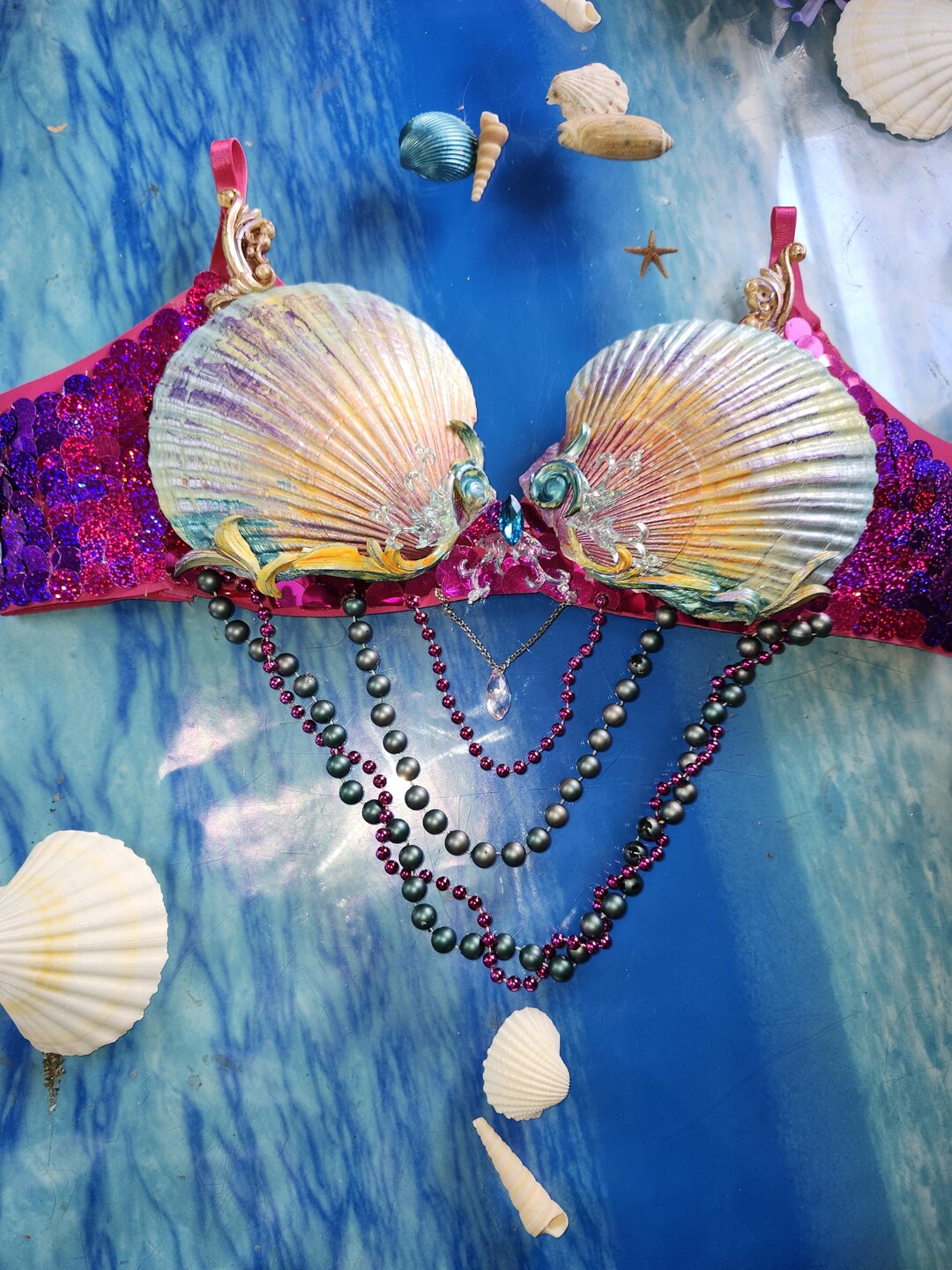 Mermaid Bra Size 38 C Bra Top Fuchsia Multi Color Real Seashells Shell ...