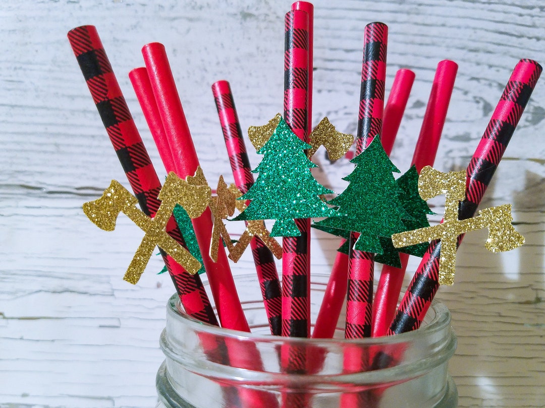 Straws Tree and Axe Buffalo Plaid Christmas Party Baby Shower Rustic ...