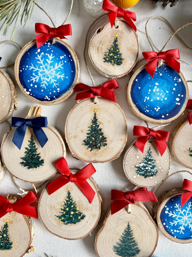 Hand-painted Birch Wood Christmas Ornaments: Rustic Tree Decor - Etsy