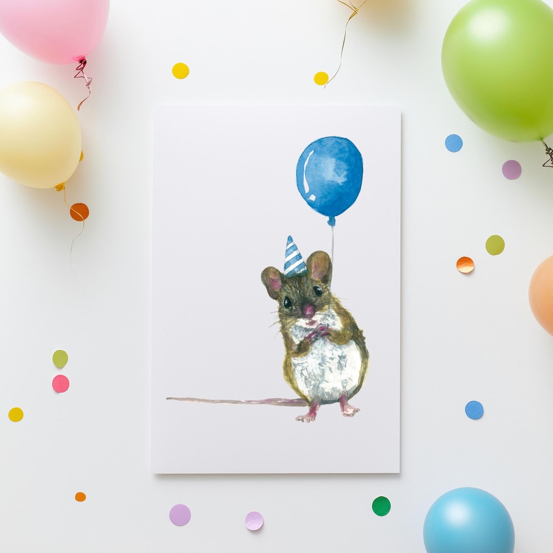 Mouse Holding Balloon Card, Birthday Card, Mouse Greeting Card, Mouse ...