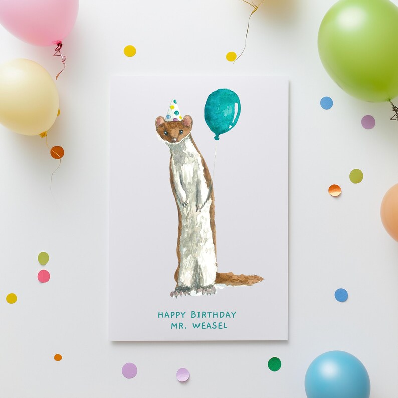 Printable Weasel Birthday Card: Watercolor Painting (canva Editable ...
