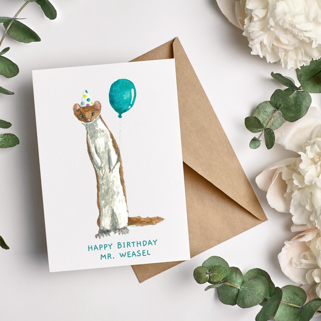 Printable Weasel Birthday Card: Watercolor Painting (canva Editable ...