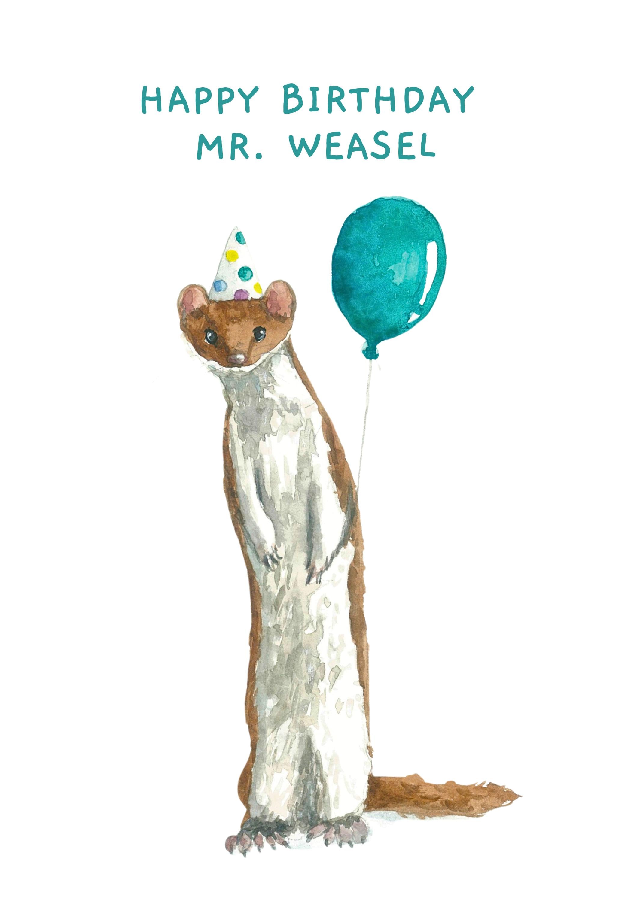 Printable Weasel Birthday Card: Watercolor Painting (canva Editable ...