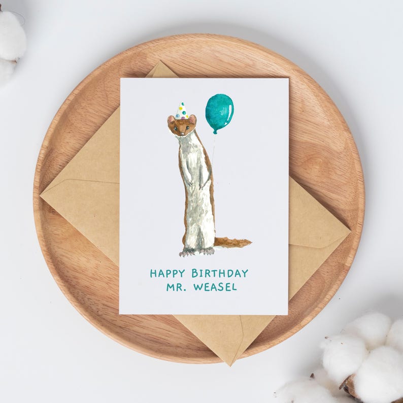 Printable Weasel Birthday Card: Watercolor Painting (canva Editable ...