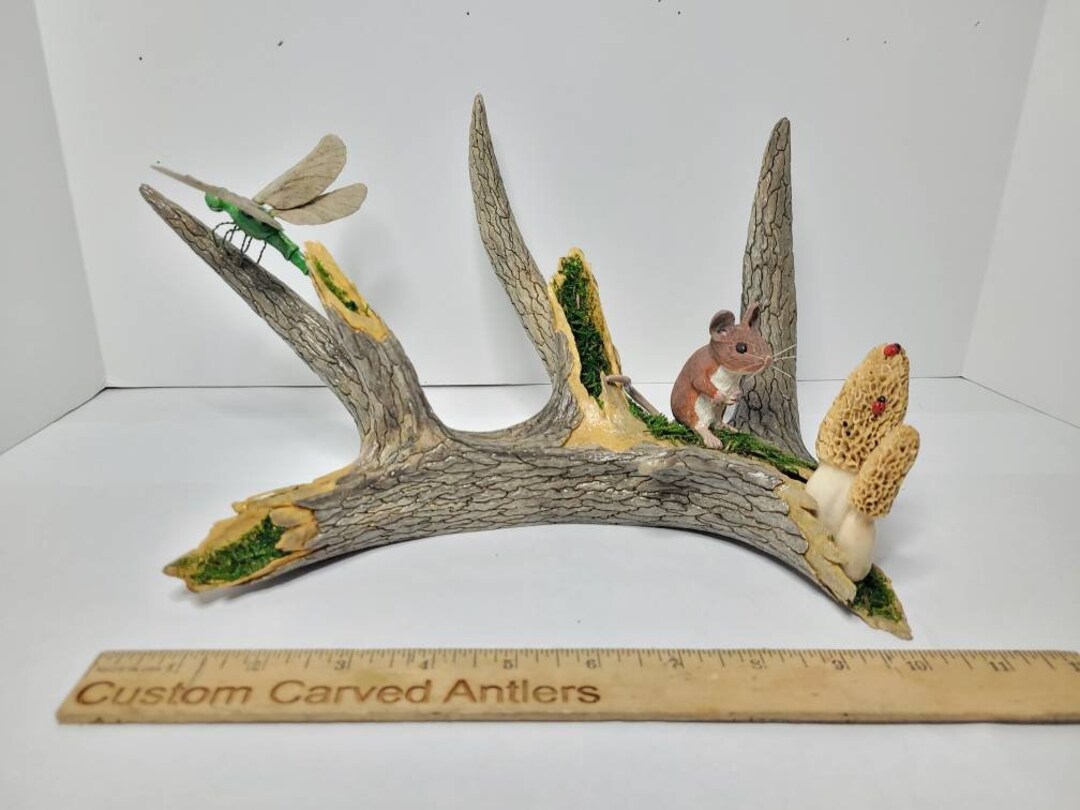 Hand Carved Deer Antler Morel Mushroom, Dragonfly, Field Mouse Folk Art ...