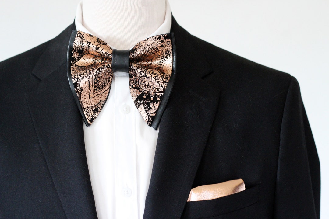 Black Leather Wedding Bow Tie,big Oversized Bowtie, Rose Gold Paisley ...