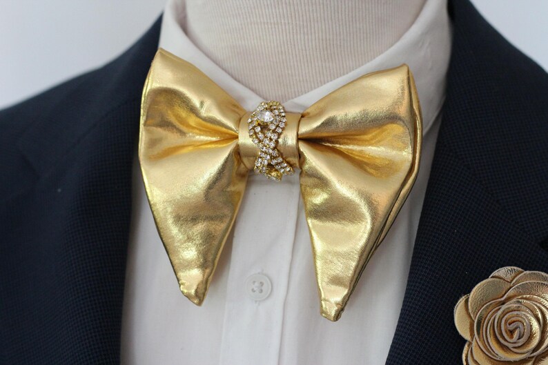 Big Gold Metallic Bow Tie, Rhinestone, Crystals Wedding Bowtie Gold ...