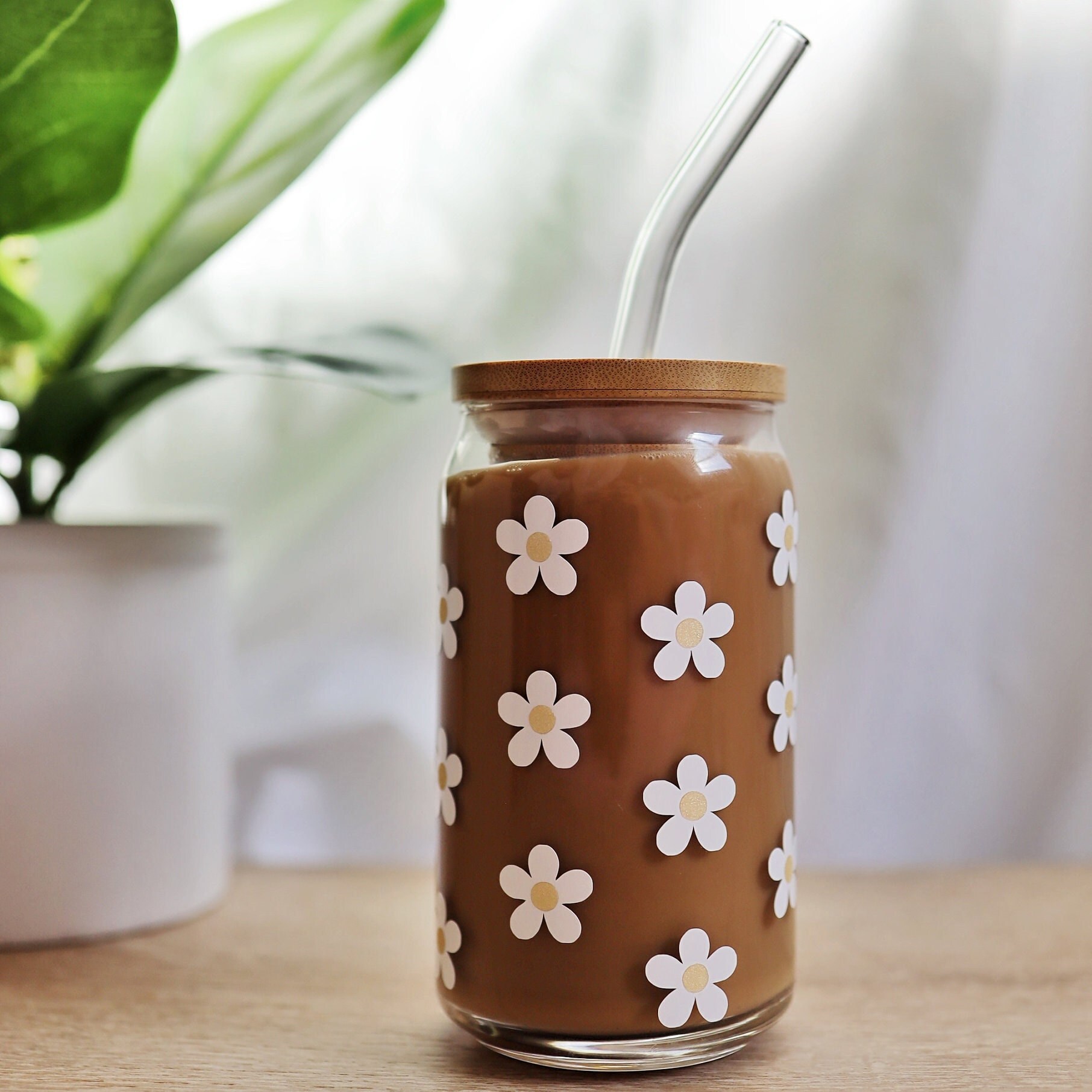 Daisy Flowers 16oz Iced Coffee Glass Cup With Bamboo Lid & - Etsy