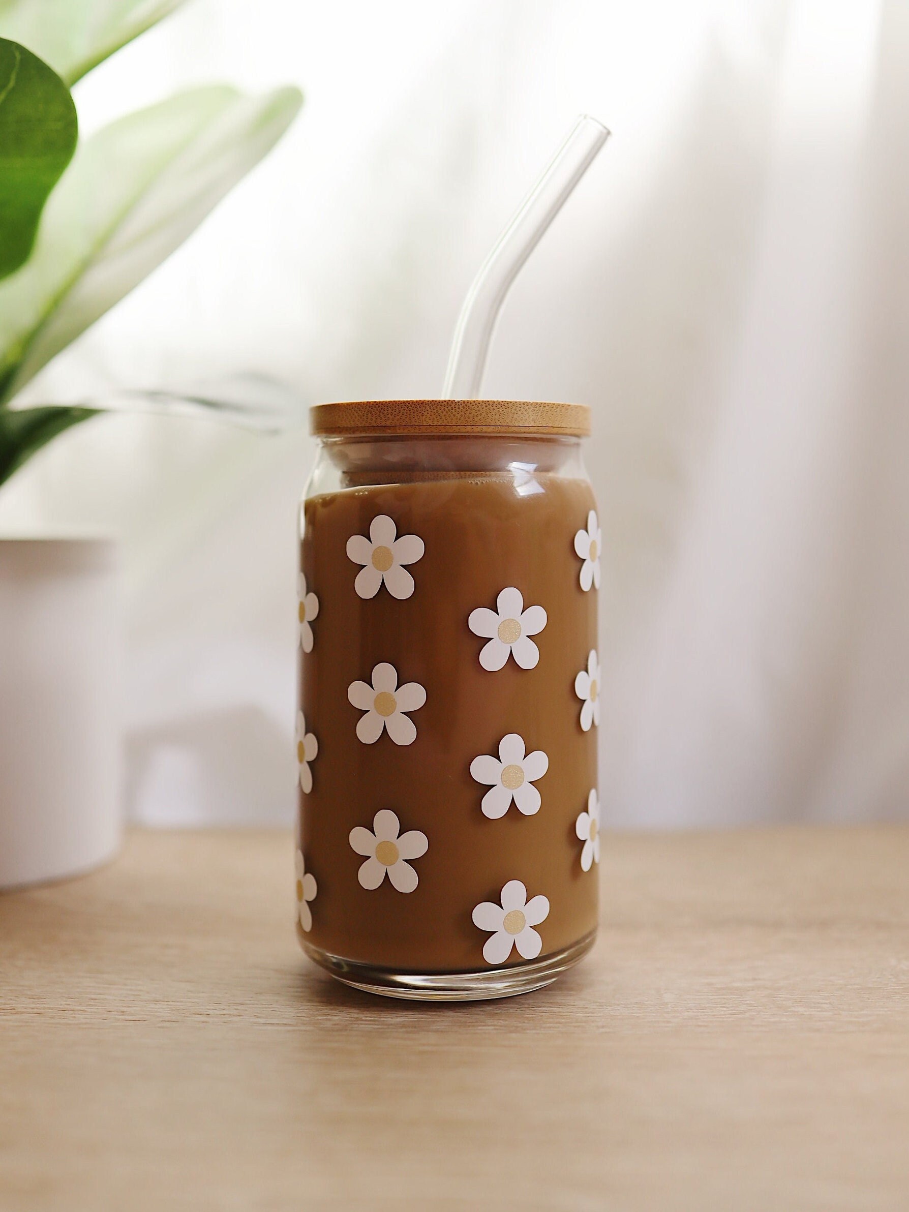 Daisy Flowers 16oz Iced Coffee Glass Cup With Bamboo Lid & - Etsy