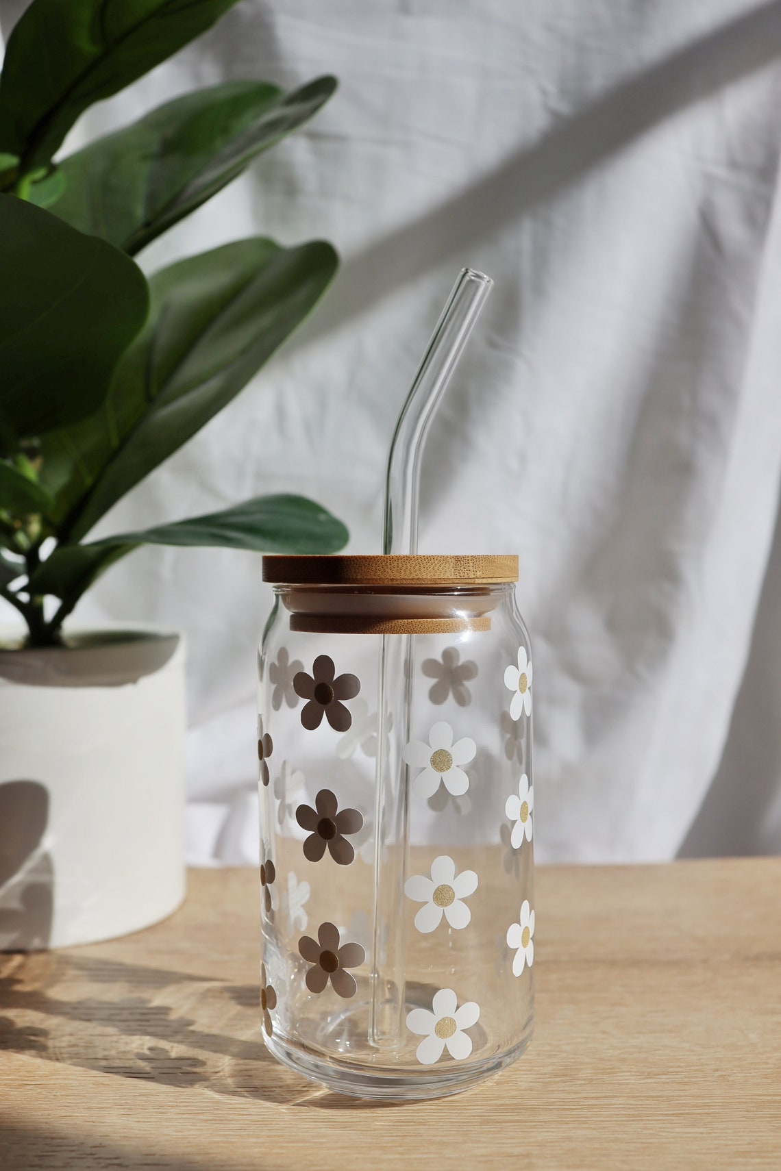 Daisy Flowers 16oz Iced Coffee Glass Cup With Bamboo Lid & - Etsy