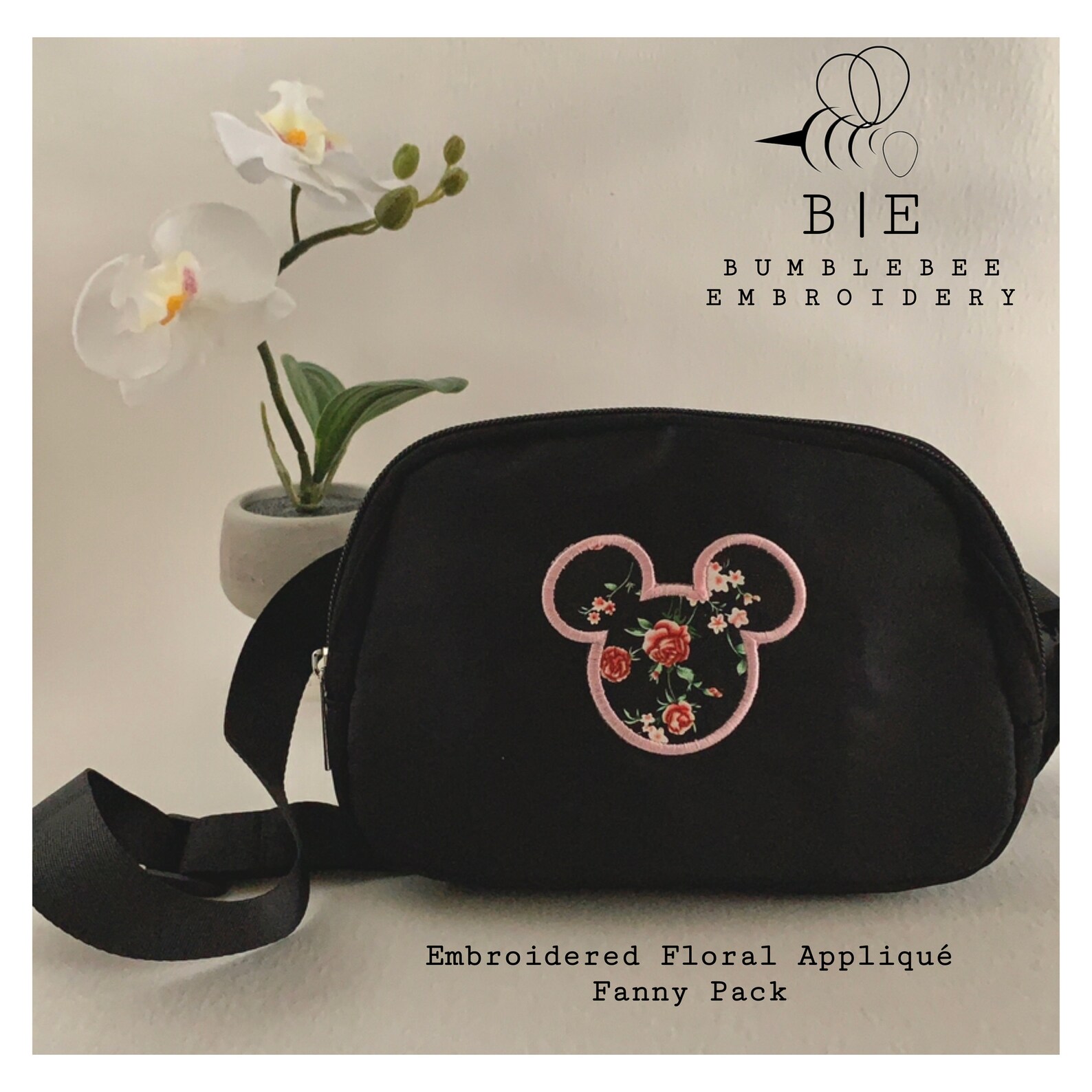 MICKEY MOUSE Fanny Pack, Floral Embroidery Appliqué, Disneyland, Disney ...