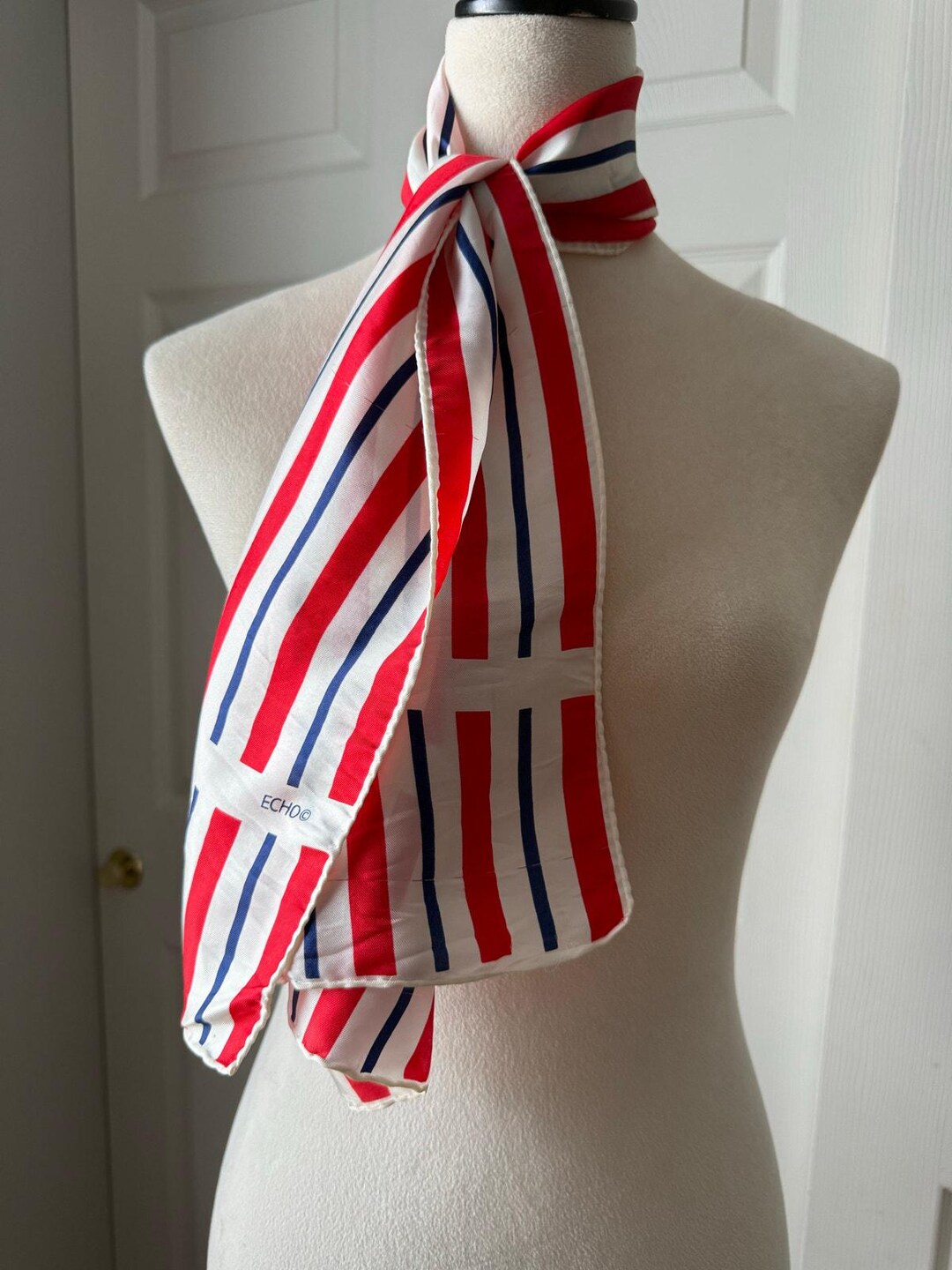 Vintage Echo Red White & Blue Silk Blend Scarf 46” X 11.25” Americana ...