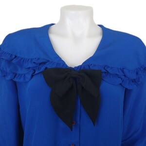 Vintage 80's Cobalt Blue Ruffle Collar Blouse With Shoulder Pads Womens ...