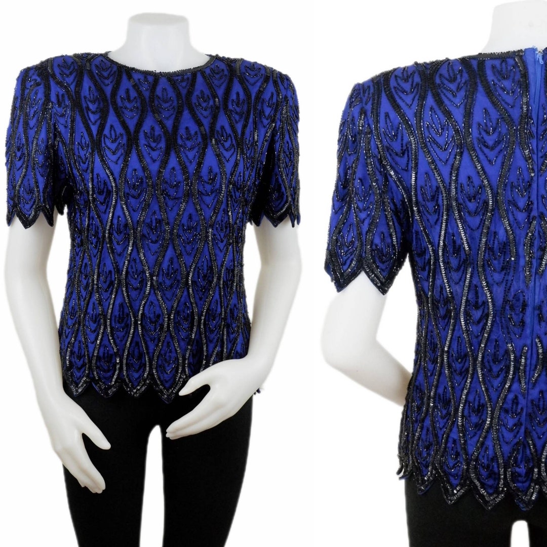 Vintage Cobalt Blue & Black Sequins and Beaded Top with Shoulder Pads ...